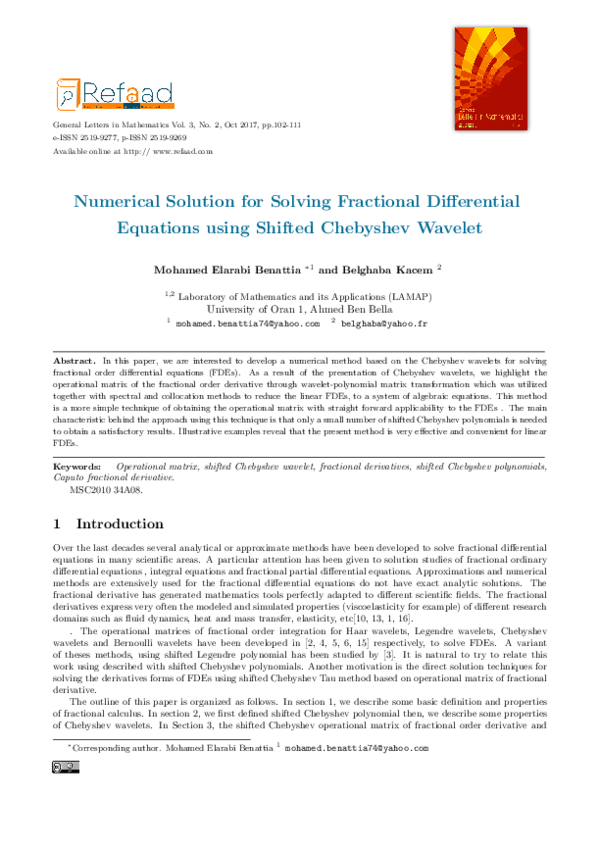 (PDF) Numerical Solution for Solving Fractional Differential Equations ...