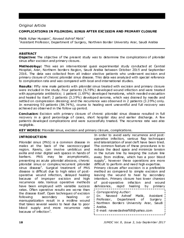 (PDF) Complications in Pilonidal Sinus After Excision and Primary Closure