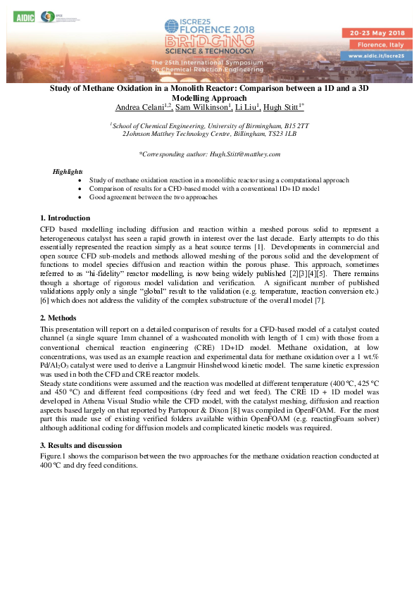 (PDF) Study of Methane Oxidation in a Monolith Reactor: Comparison ...
