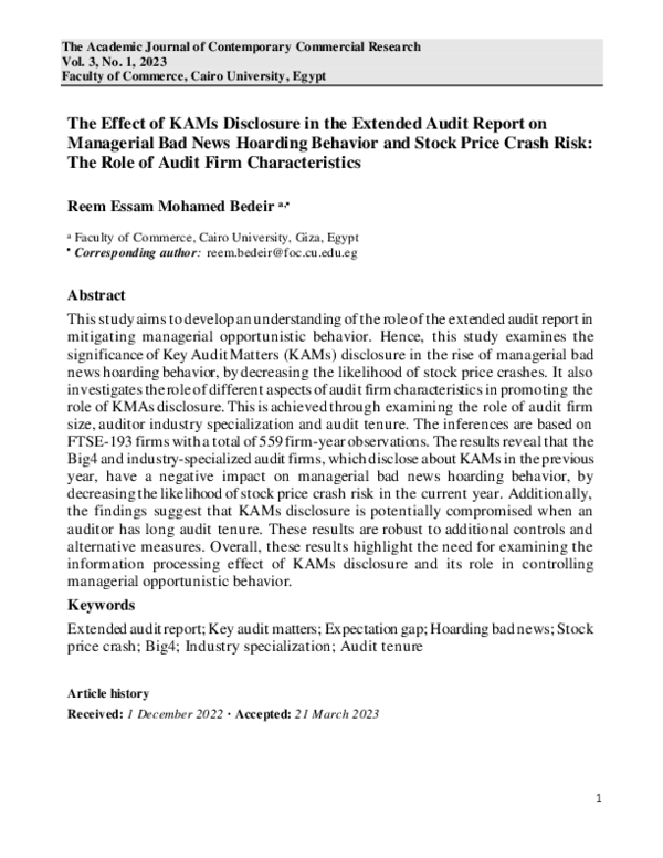 (PDF) The Effect of KAMs Disclosure in the Extended Audit Report on ...