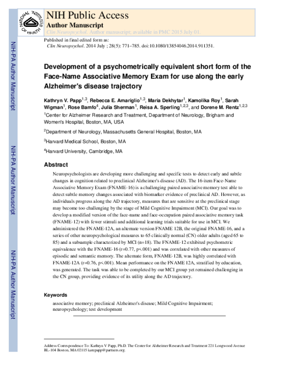 (PDF) Development of a Psychometrically Equivalent Short Form of the ...