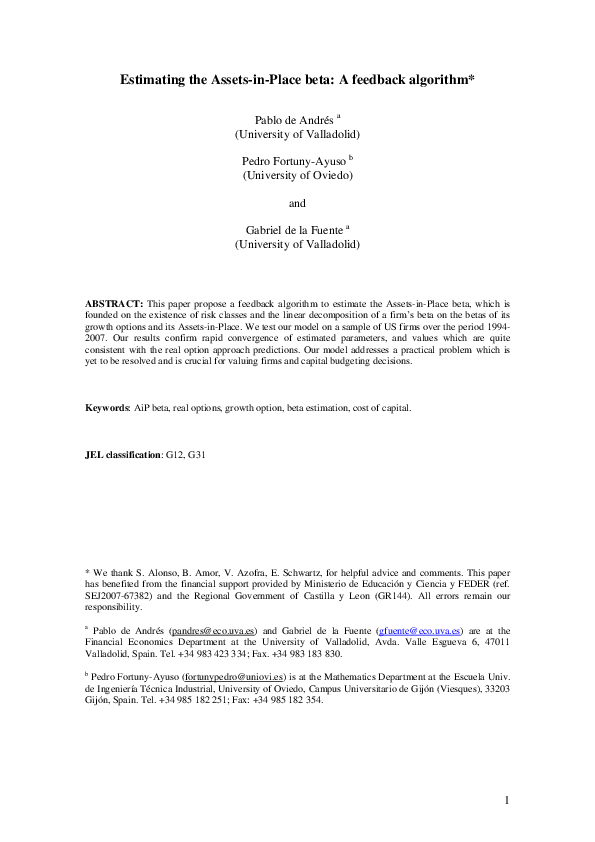 (PDF) Estimating the Assets-in-Place Beta: A Feedback Algorithm