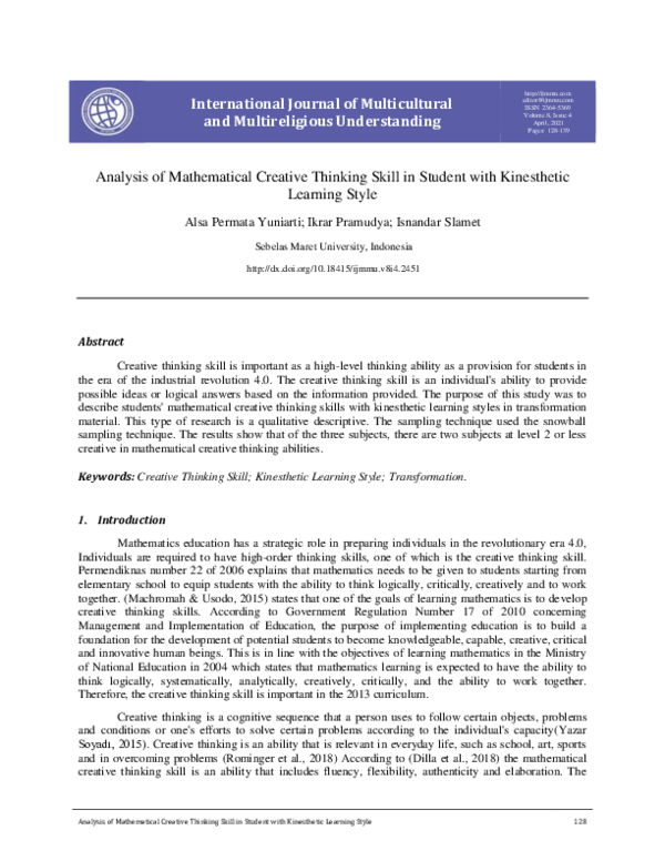 (PDF) Analysis of Mathematical Creative Thinking Skill in Student with Kinesthetic Learning Style