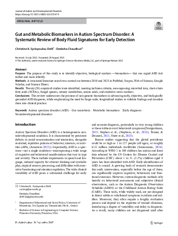 (PDF) Gut and Metabolic Biomarkers in Autism Spectrum Disorder: A ...