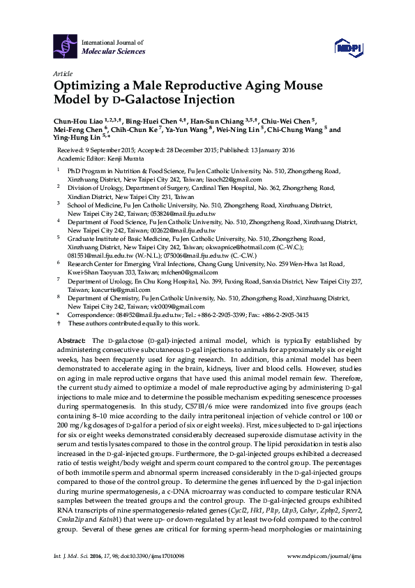 (PDF) Optimizing a Male Reproductive Aging Mouse Model by d-Galactose ...