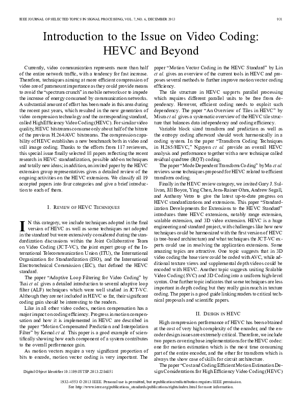 (PDF) Introduction to the Issue on Video Coding: HEVC and Beyond