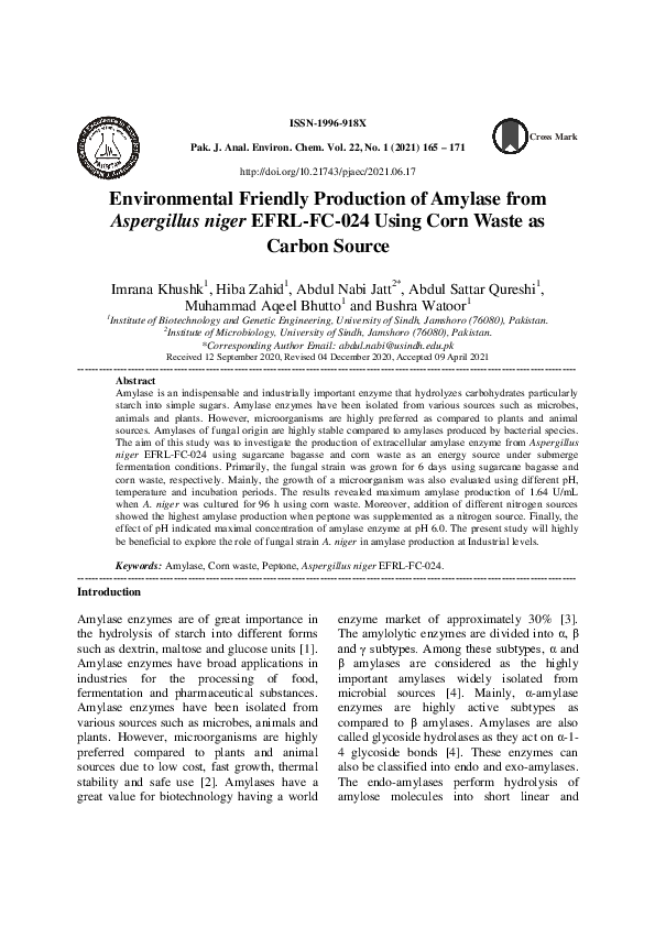(PDF) Environmental Friendly Production of Amylase from Aspergillus niger EFRL-FC-024 Using Corn ...