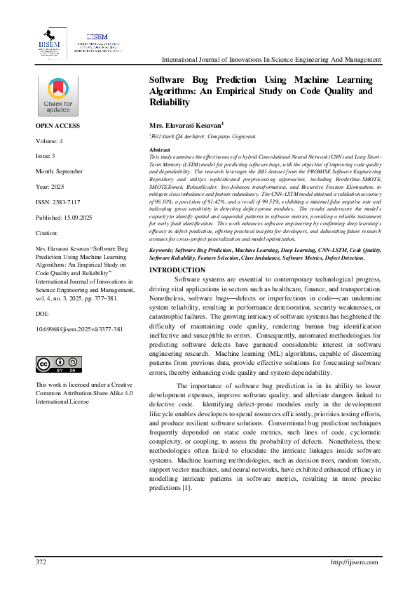 (PDF) Software Bug Prediction Using Machine Learning Algorithms: An Empirical Study on Code ...