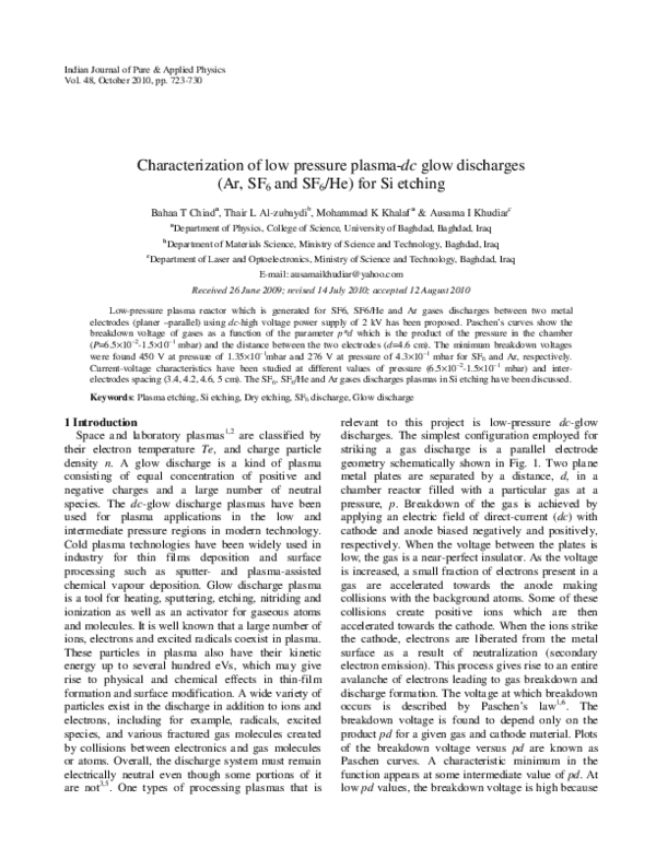 (PDF) Characterization of low pressure plasma-dc glow discharges (Ar ...
