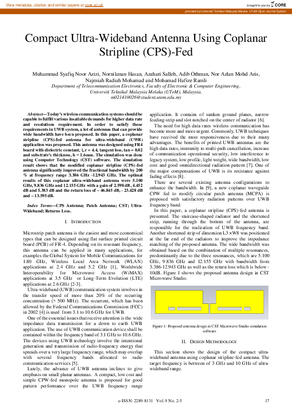(PDF) Compact Ultra-Wideband Antenna Using Coplanar Stripline (CPS)-Fed