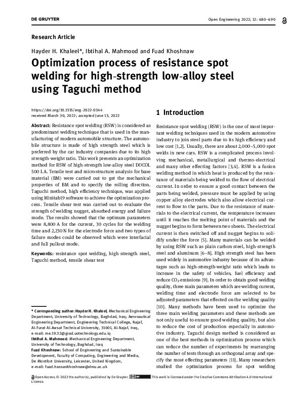 (PDF) Optimization process of resistance spot welding for high-strength low-alloy steel using ...