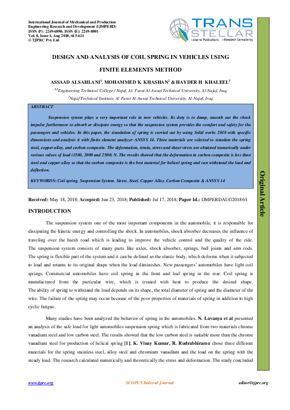 Pdf Design And Analysis Of Coil Spring In Vehicles Using Finite Elements Method