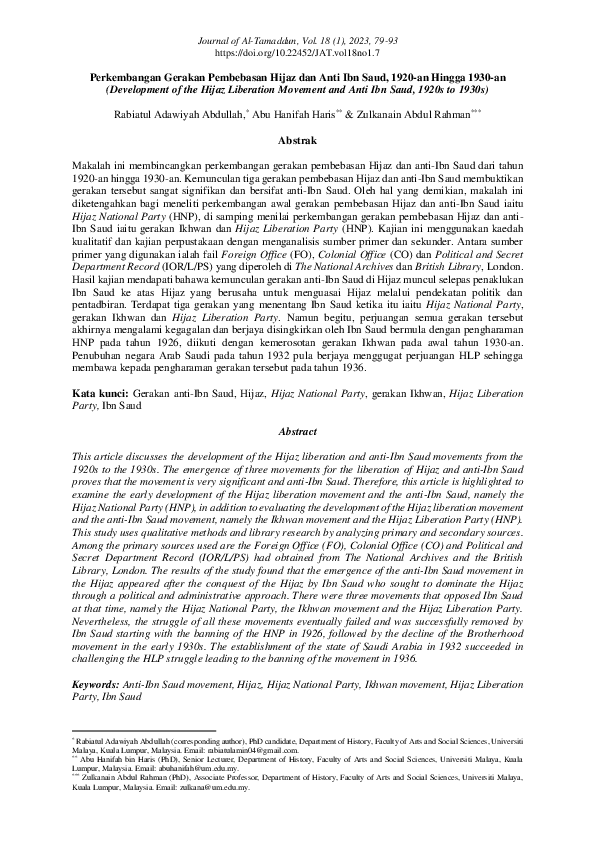 (PDF) Perkembangan Gerakan Pembebasan Hijaz dan Anti Ibn Saud, 1920-an ...