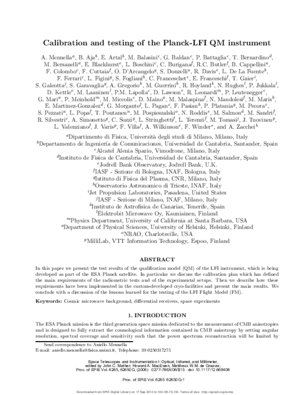 (PDF) Calibration and testing of the Planck-LFI QM instrument