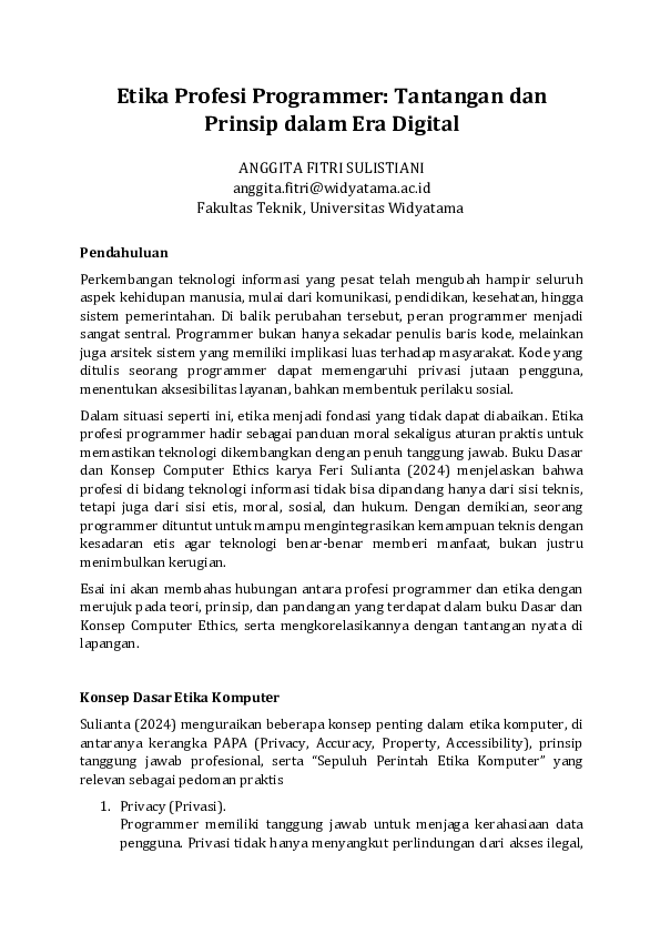 (PDF) Etika Profesi Programmer: Tantangan dan Prinsip dalam Era Digital