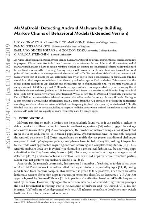 (PDF) MaMaDroid: Detecting Android Malware by Building Markov Chains of Behavioral Models ...