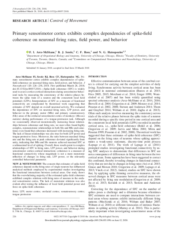 (PDF) Primary sensorimotor cortex exhibits complex dependencies of spike-field coherence on ...