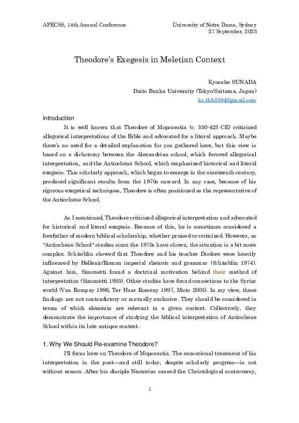 (PDF) Theodore's Exegesis in Meletian Context (slightly revisioned ...
