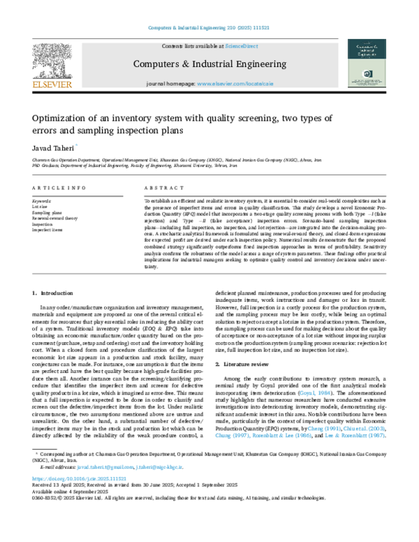 (PDF) Optimization of an inventory system with quality screening, two ...