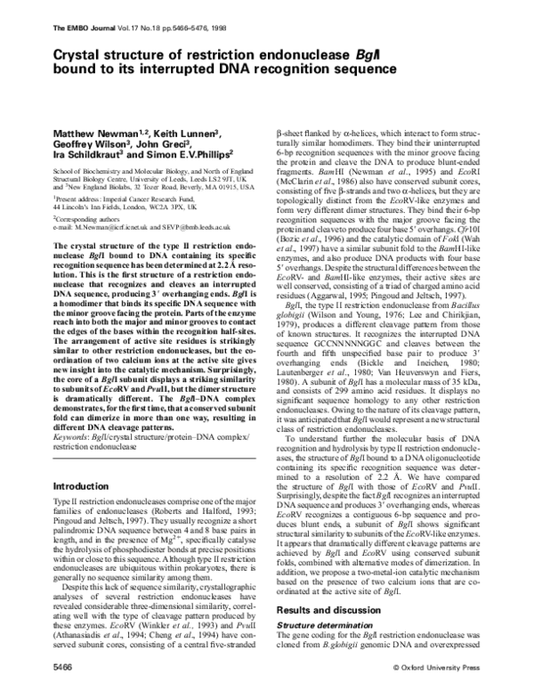 (PDF) Crystal structure of restriction endonuclease BglI bound to its ...