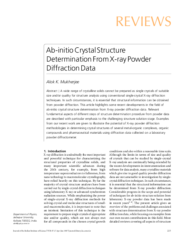 (PDF) Ab-initio Crystal Structure Determination From X-ray Powder Diffraction Data