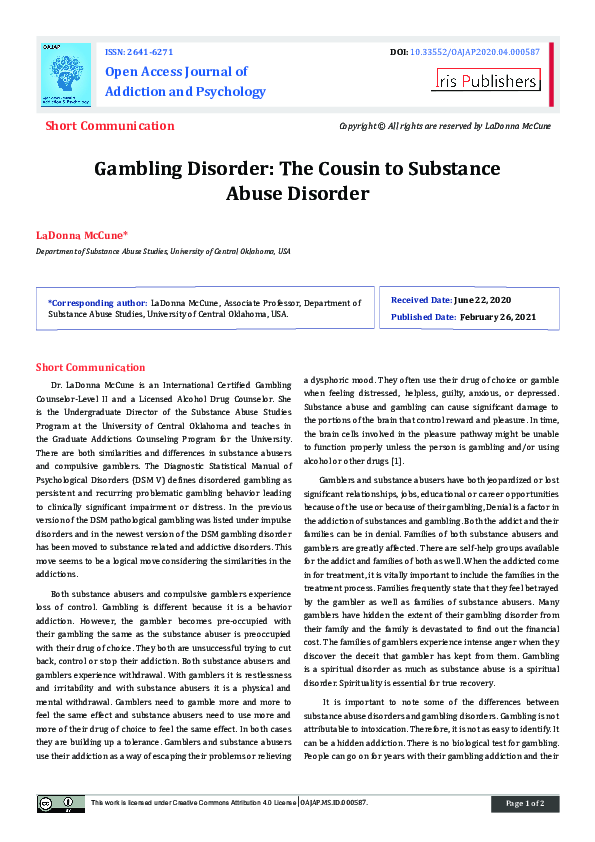 (PDF) Gambling Disorder: The Cousin to Substance Abuse Disorder