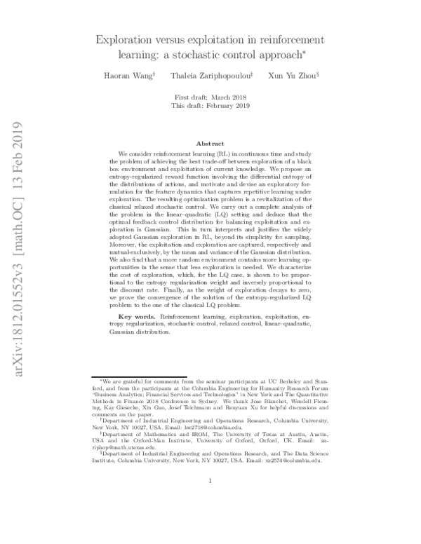 (PDF) Exploration versus exploitation in reinforcement learning: a stochastic control approach