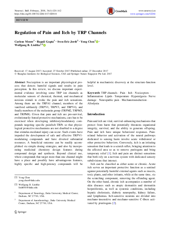 (PDF) Regulation of Pain and Itch by TRP Channels