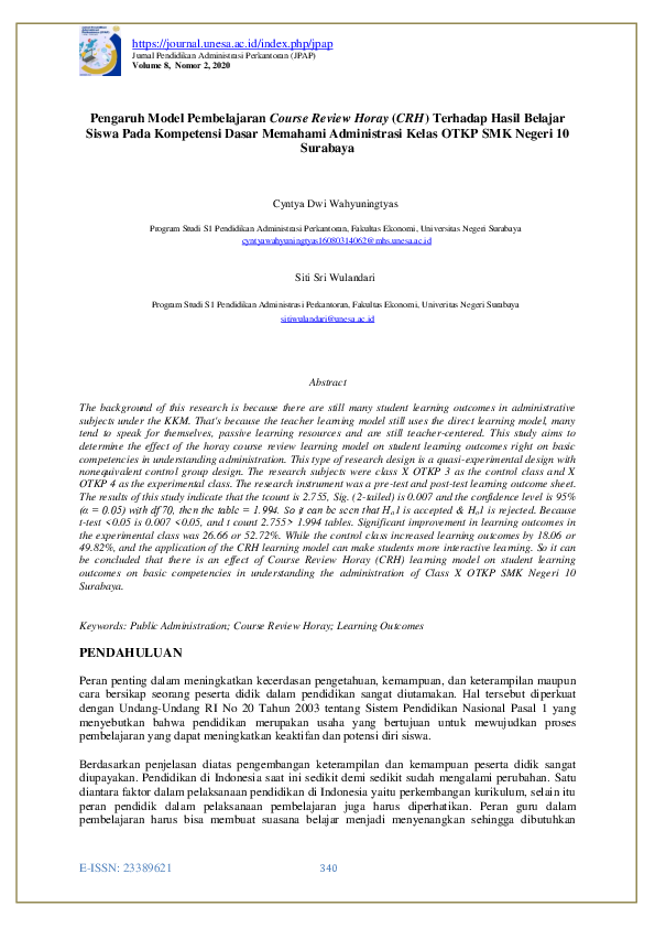 (PDF) Pengaruh Model Pembelajaran Course Review Horay (CRH) Terhadap ...