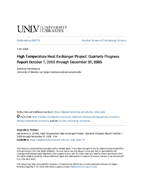 (PDF) High Temperature Heat Exchanger Project: Quarterly Progress ...