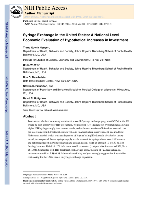 (PDF) Syringe exchange in the United States: a national level economic ...