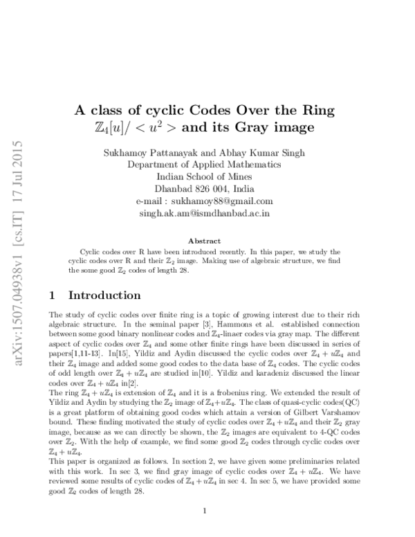 (PDF) A class of cyclic Codes Over the Ring $\Z_4[u]/$ and its Gray image