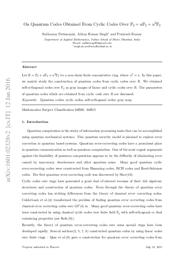(PDF) On Quantum Codes Obtained From Cyclic Codes Over $\mathbb{F}_2+u ...