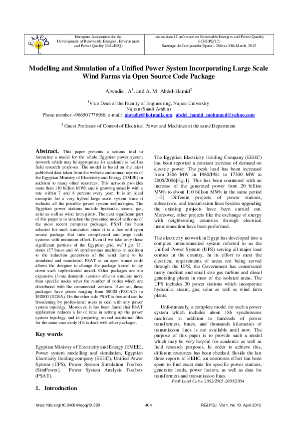 (PDF) Modelling and Simulation of a Unified Power System Incorporating Large Scale Wind Farms ...