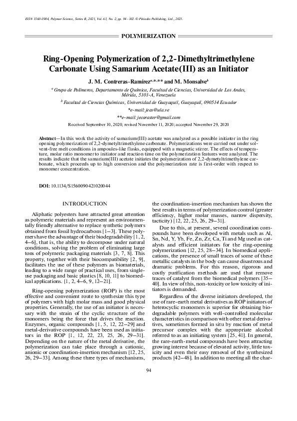 (PDF) Ring-Opening Polymerization of 2,2-Dimethyltrimethylene Carbonate Using Samarium Acetate ...