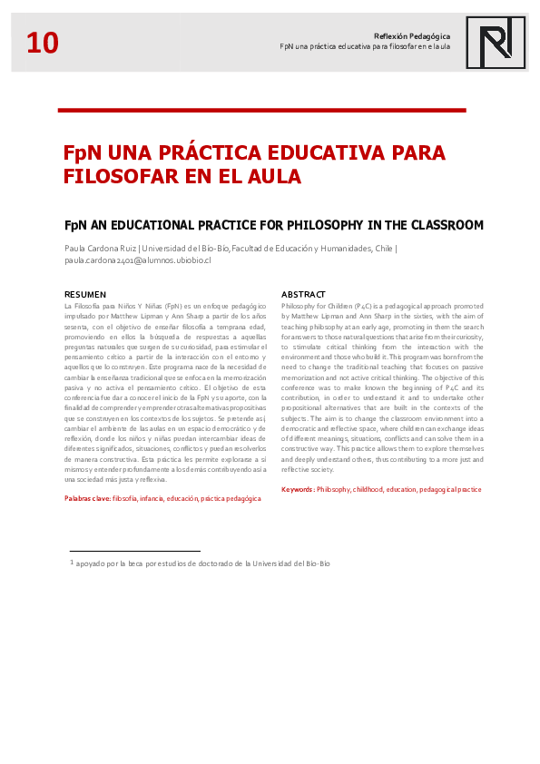 (PDF) FpN: una práctica educativa para filosofar en el aula