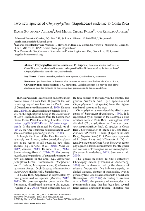 (PDF) Two new species of Chrysophyllum (Sapotaceae) endemic to Costa Rica