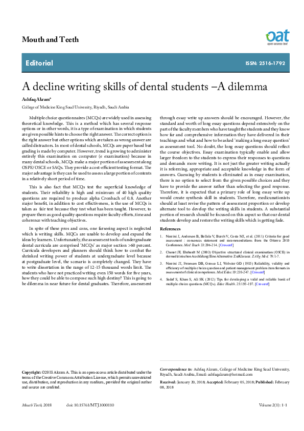 (PDF) A decline writing skills of dental students -A dilemma
