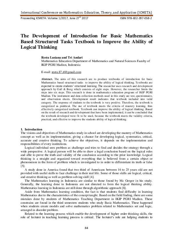 (PDF) The Development of Introduction for Basic Mathematics Based Structured Tasks Textbook to ...