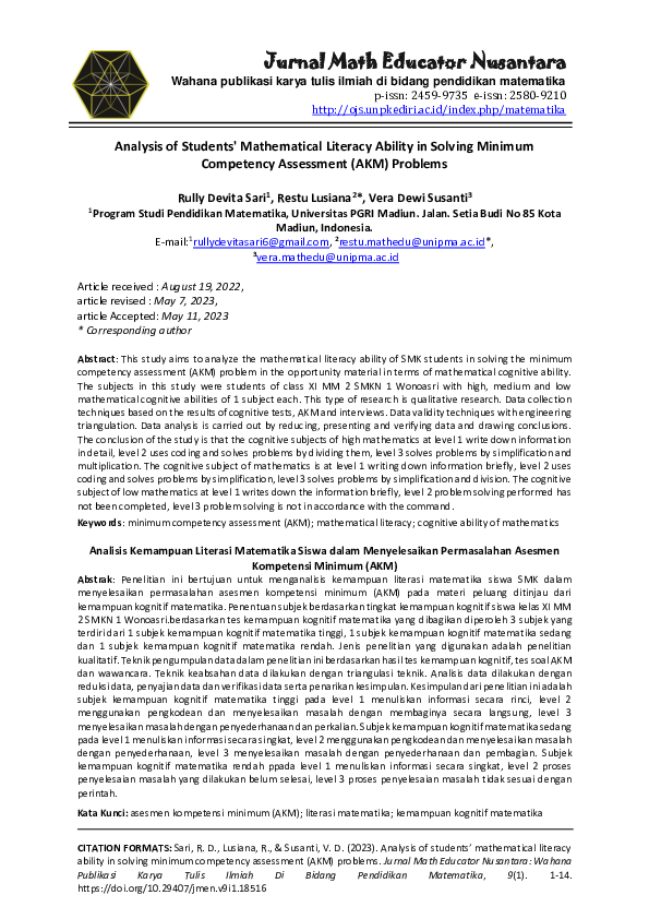 (PDF) Analysis of students' mathematical literacy ability in solving ...