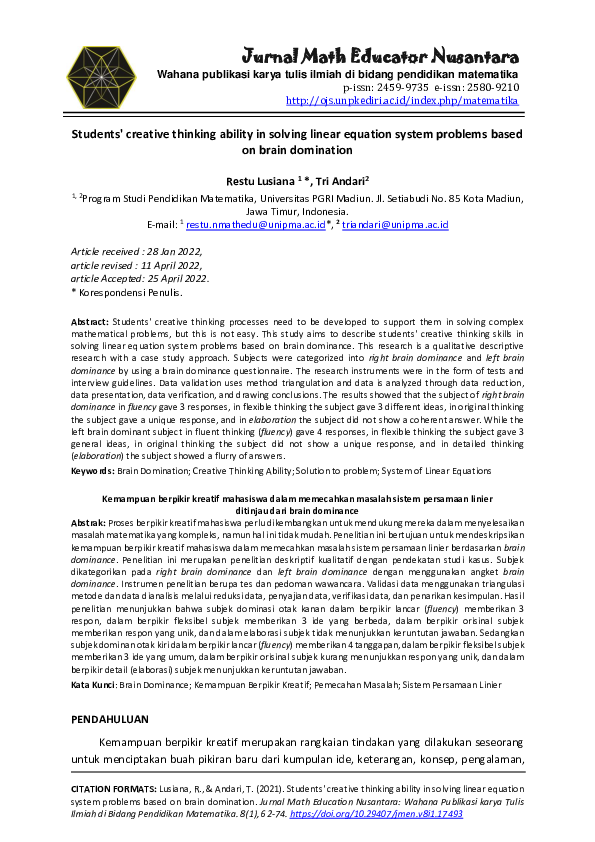 (PDF) Students' creative thinking ability in solving linear equation ...