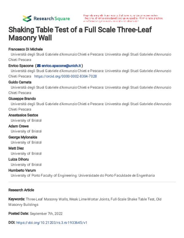 (PDF) Shaking Table Test of a Full Scale Three-Leaf Masonry Wall