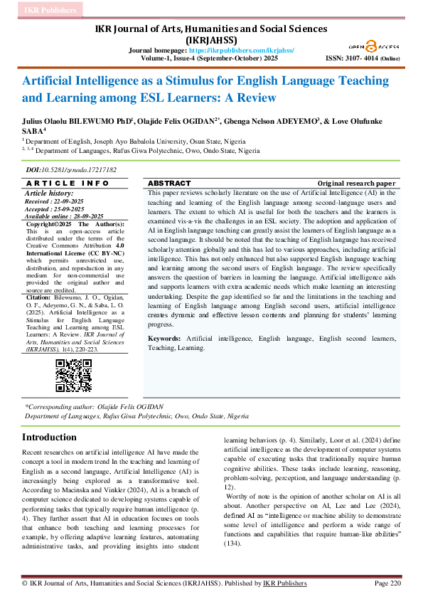 (PDF) Artificial Intelligence as a Stimulus for English Language Teaching and Learning among ESL ...