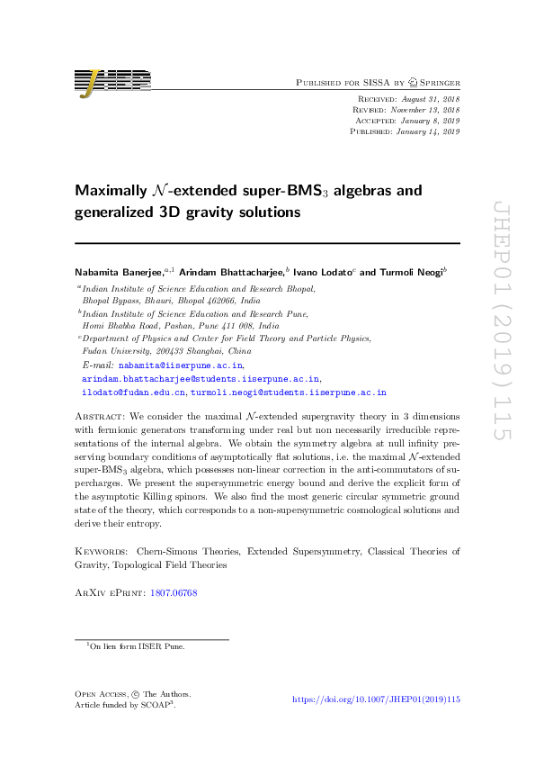 (PDF) Maximally $$ \mathcal{N} $$ -extended super-BMS3 algebras and generalized 3D gravity solutions