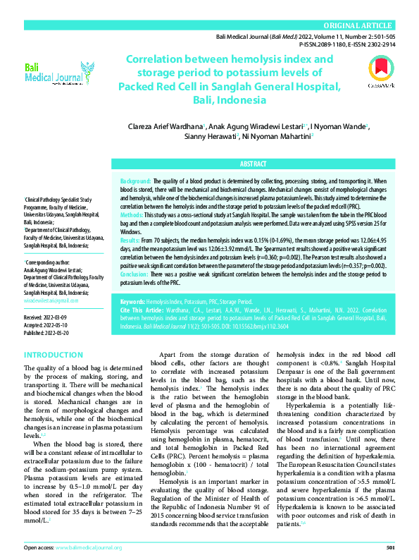 (PDF) Correlation between hemolysis index and storage period to ...