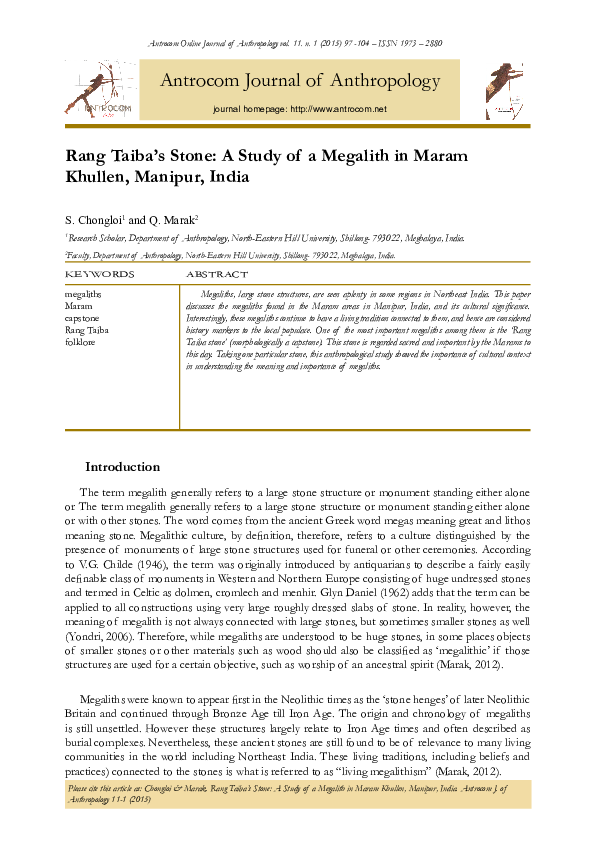 (PDF) Rang Taiba's Stone: A Study of a Megalith in Maram Khullen ...