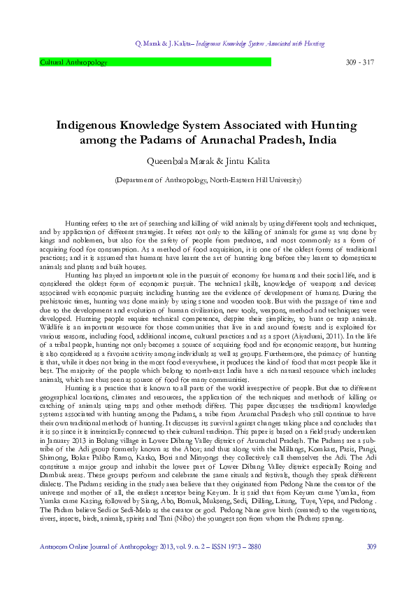 (PDF) Indigenous Knowledge System Associated with Hunting among the Padams of Arunachal Pradesh ...