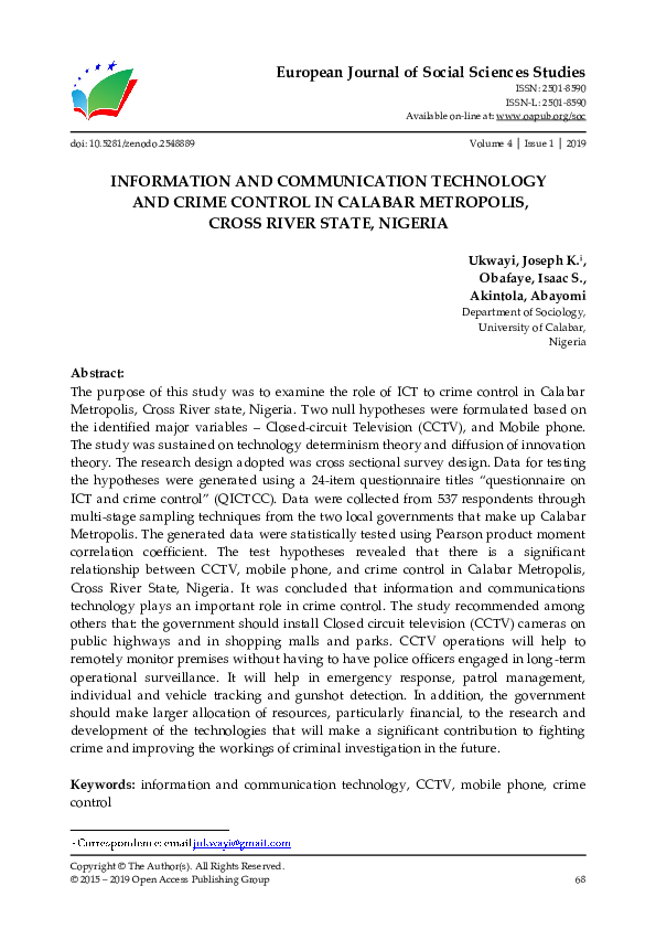 (PDF) Information and Communication Technology and Crime Control in Calabar Metropolis, Cross ...