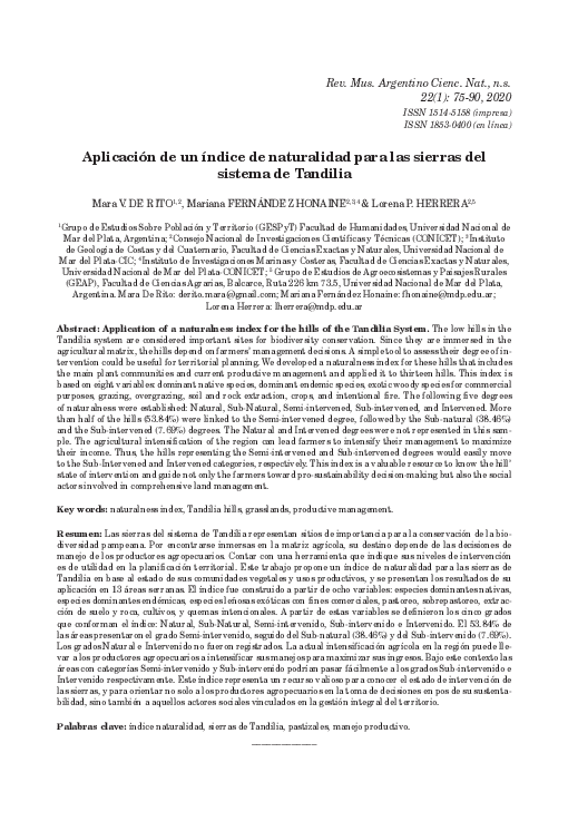(PDF) Application of a naturalness index for the hills of the Tandilia ...