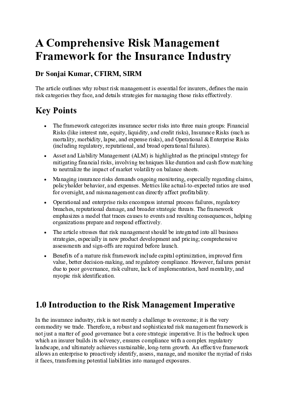 (PDF) A Comprehensive Risk Management Framework for the Insurance Industry